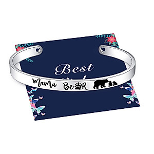 Veeshy Mama Bear One Mother with Two 2 Cubs Cuff Bracelets with Box, Womens Stainless Steel Bangles Jewelry, Christmas Birthday Thanksgiving Gift for Mummy Mom from Daughter Son