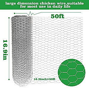 Chicken Wire Fencing Mesh 16.9IN x 50FT, Poultry Wire Netting Hexagonal Galvanized Mesh Garden Fence Barrier for Pet Rabbit Chicken Coop Cage with Mini Cutting Pliers, Wire Ties and Gloves, Silver