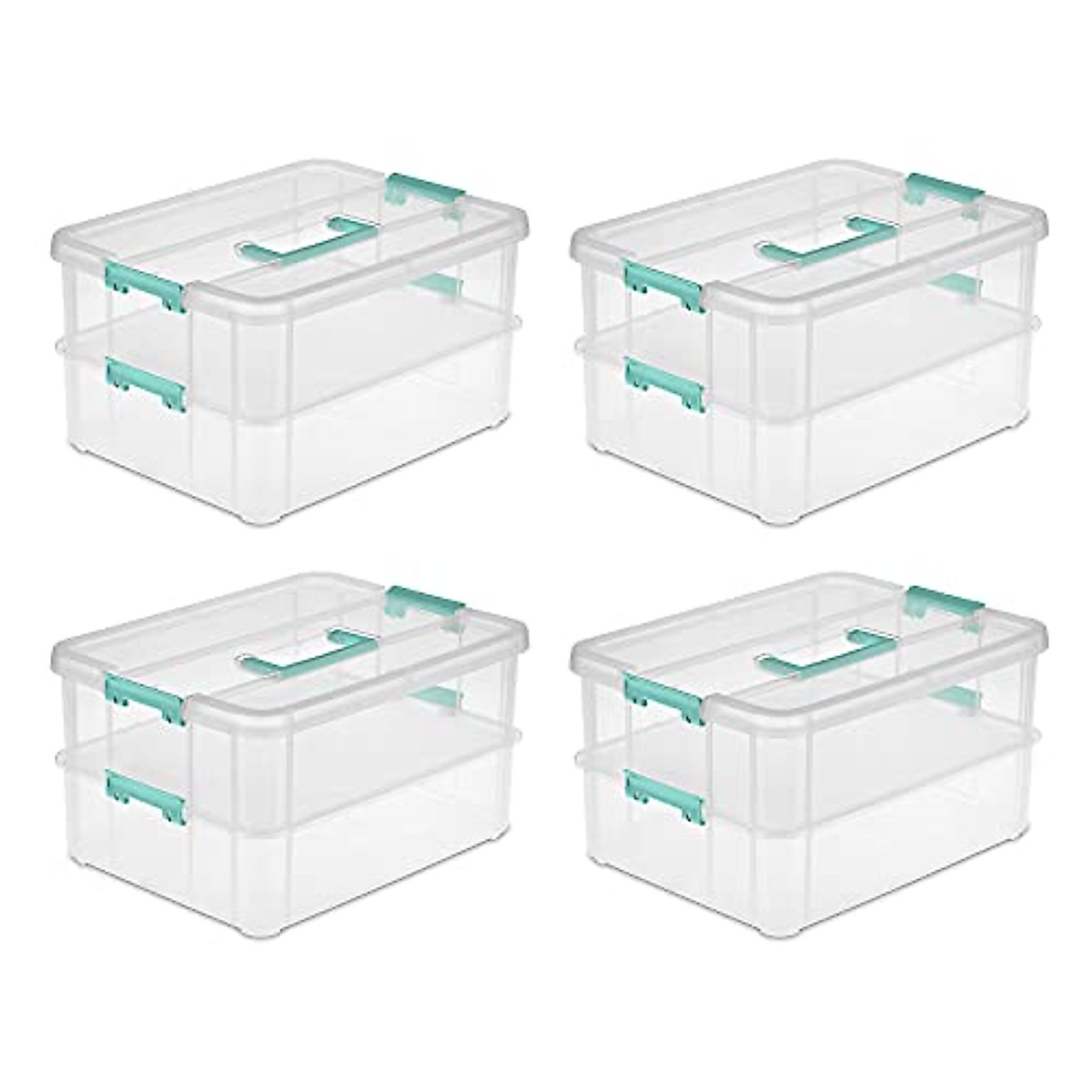 Sterilite Stack and Carry 2 Layer Handle Box, Stackable Plastic Small Storage Container with Latching Lid, Bin to Organize Crafts, Clear, 8-Pack