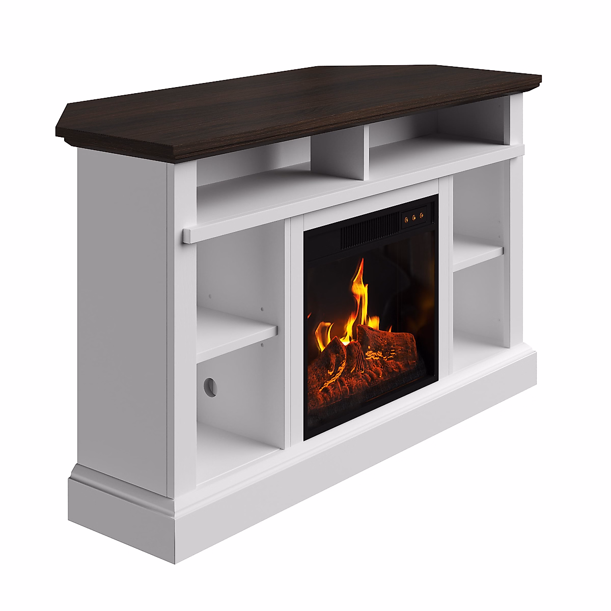 NORTHWEST Corner TV Stand with Electric Fireplace Fits 55-Inch TVs - Console with Storage Cabinet, Remote, Adjustable Heat, and LED Flames (White)