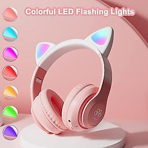 TOKANI Kids Headphones, Bluetooth Wireless Headphones for Kids Teens Adults, Over-Ear Bluetooth Headphones with Microphone, Cat Ear Headphones for Girls Women (New Pink)