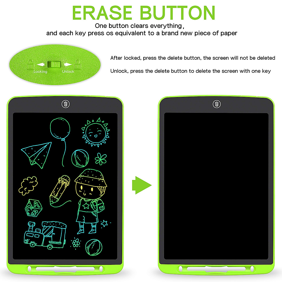 STREET WALK LCD Writing Tablet for Kids,12 Inch Colorful Educational Drawing Tablet, Erasable Reusable Electronic Writing Board, Toddler Doodle Board, Learning Toy Gift for Boys Girls Ages 3-8(Green)