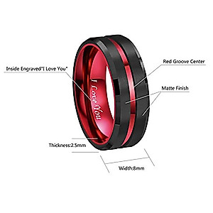 RoyalKay 8mm Red Black Tungsten Wedding Band Ring Men Women Matte Finish Red Grooved Engraved I Love You Comfort Fit Size 6 To 16(8mm,10)