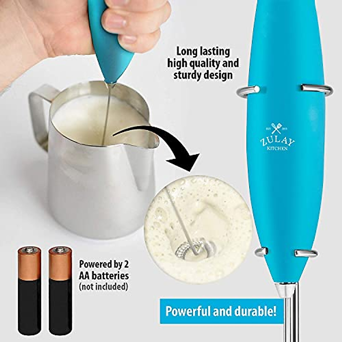 Zulay Original Milk Frother Handheld Foam Maker for Lattes - Whisk Drink Mixer for Coffee, Mini Foamer for Cappuccino, Frappe, Matcha, Hot Chocolate by Milk Boss (Matte Sky Blue) (Renewed)
