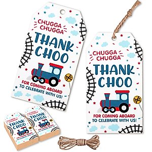 Serencatcher 50Pcs Train Thank You Tags, Thank Choo for Coming Abroad Gift Tags for Railroad Train Party Favors, Crossing Choo Choo Chugga Chugga Two Two Train Birthday Party Decorations Supplies