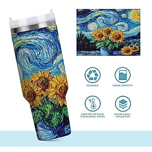 RPLIFE Starry Night Sunflowers Blue Stainless Steel Coffee Cup, Insulated Tumblers, Tumblers for Women