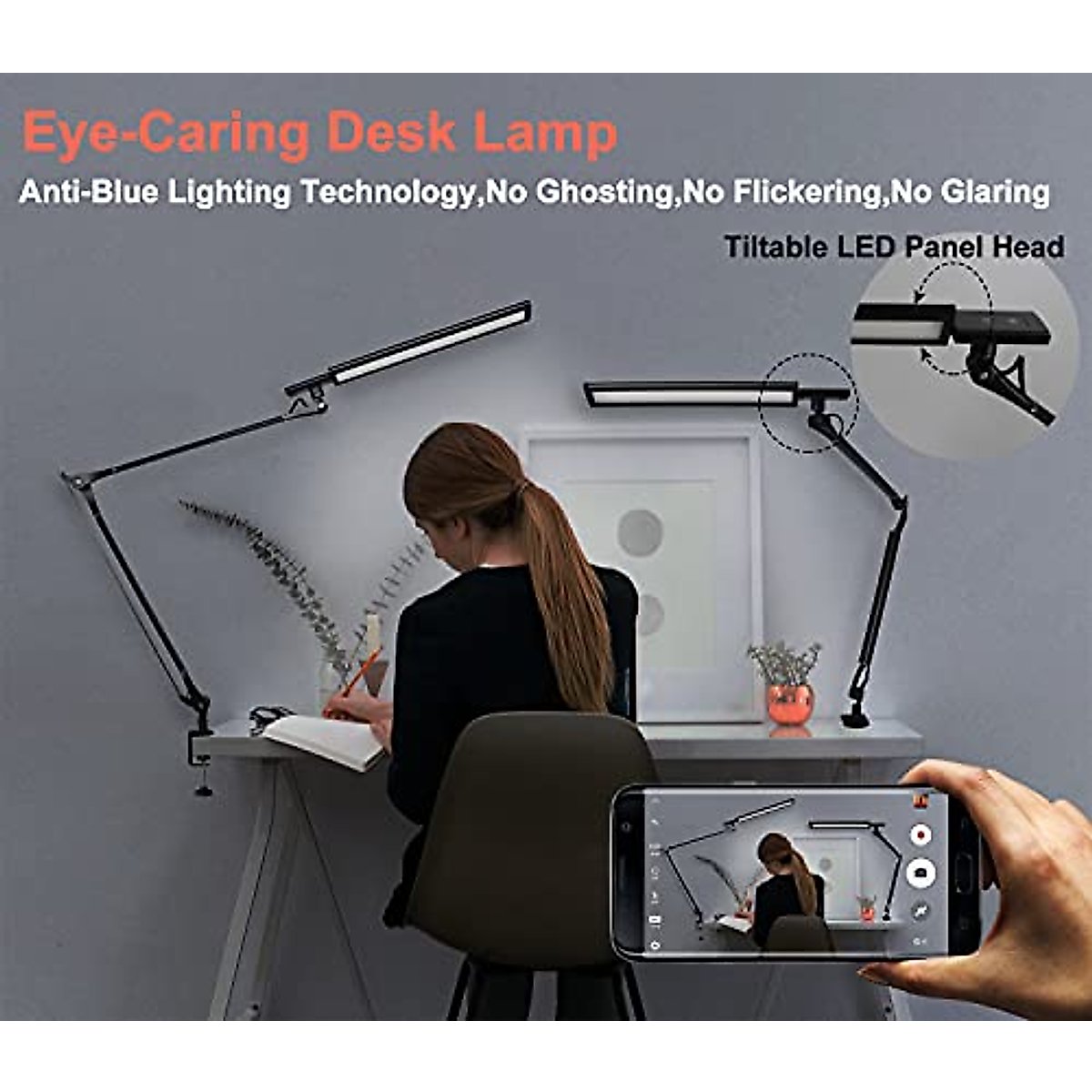 Amzrozky Swing Arm Drafting Table Lamp with Clamp,LED Desk Lamps for Home Office, Eye-Caring Dimmable Workbench Architect Task Lamp, Tiltable LED Panel Head,Touch Control,Memory Function,Black