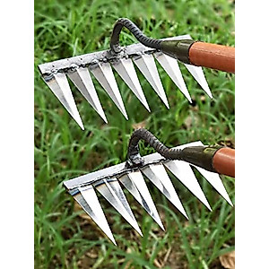 KeluKES Hoe weed rake farm tool hoe weed hoe root digging the ground loose soil nail rake farm tool thick and sharp(Six-tooth rake)