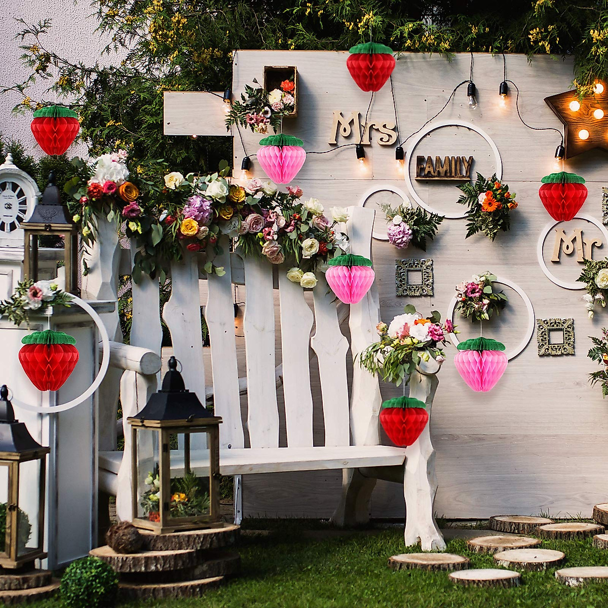 Skylety 10 Pieces 6 Inch Paper Strawberry Honeycomb Ball Tissue Paper Strawberry Ball for Strawberry Birthday Party Decoration (Red and Pink)