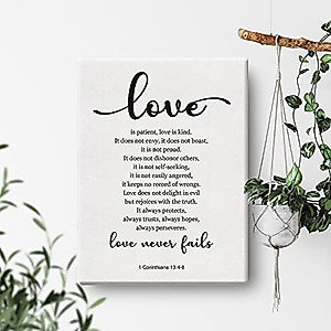 Bible Verse Art Wall Decor 1 Corinthians 13:4-8 Love Never Fails Scripture Canvas Painting Print for Home Living Room Decor Framed Artwork Christian Wedding Gifts(12x15 Inch)