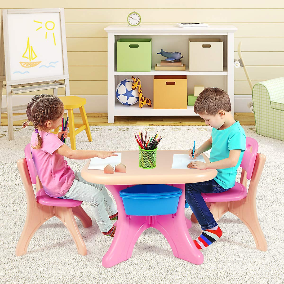 GLACER Toddler Table and Chair Set - 3 Pieces Toddler Table with 4 Storage Bins, Kids Table and Chairs Ages 3-7, Kids Table and Chairs for Reading, Drawing, Playroom, Snack Time…