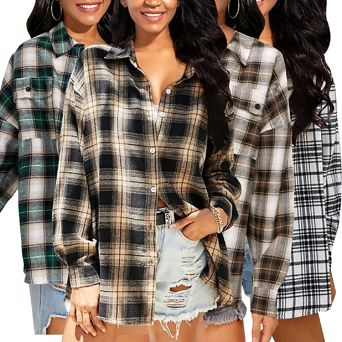 Womens Flannel Plaid Shirts Oversized Collared Business Casual Button Down Shirts Blouse Tops