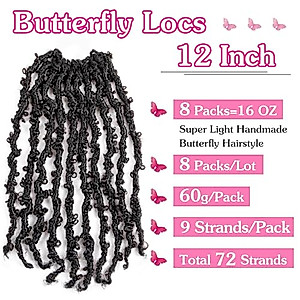 Col Bling Butterfly Locs Crochet Hair 12 Inch 8 Packs, Soft Butterfly Locs Distressed Faux Locs Crochet Hair Pre Looped Crochet Hair (12Inch 8Packs, #1B)