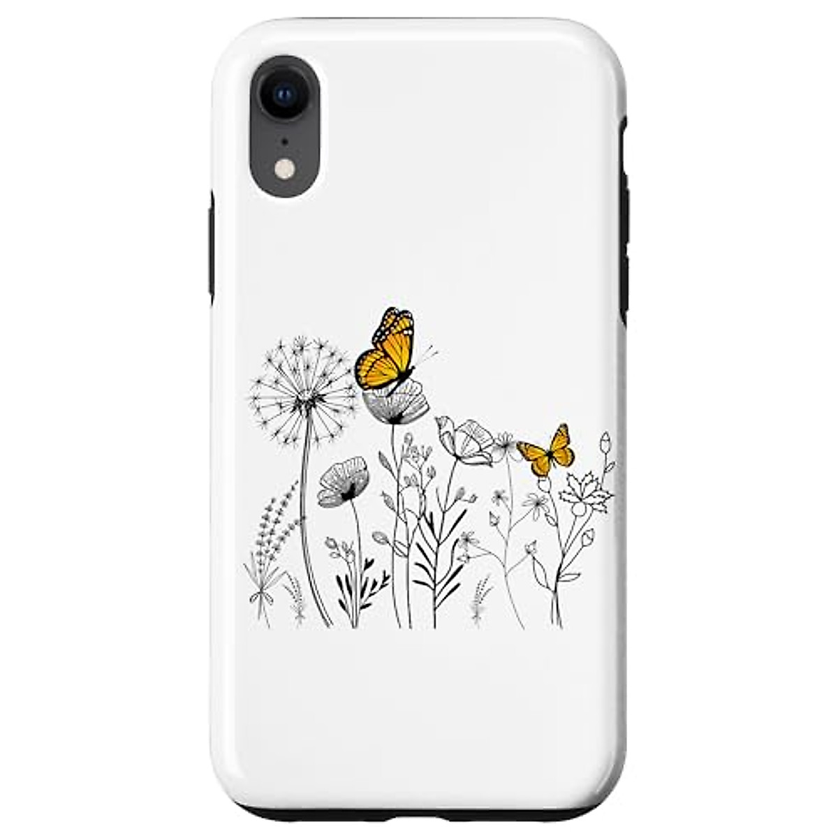 iPhone XR Retro Sketch of Botanical Wildflowers & Yellow Butterflies Case