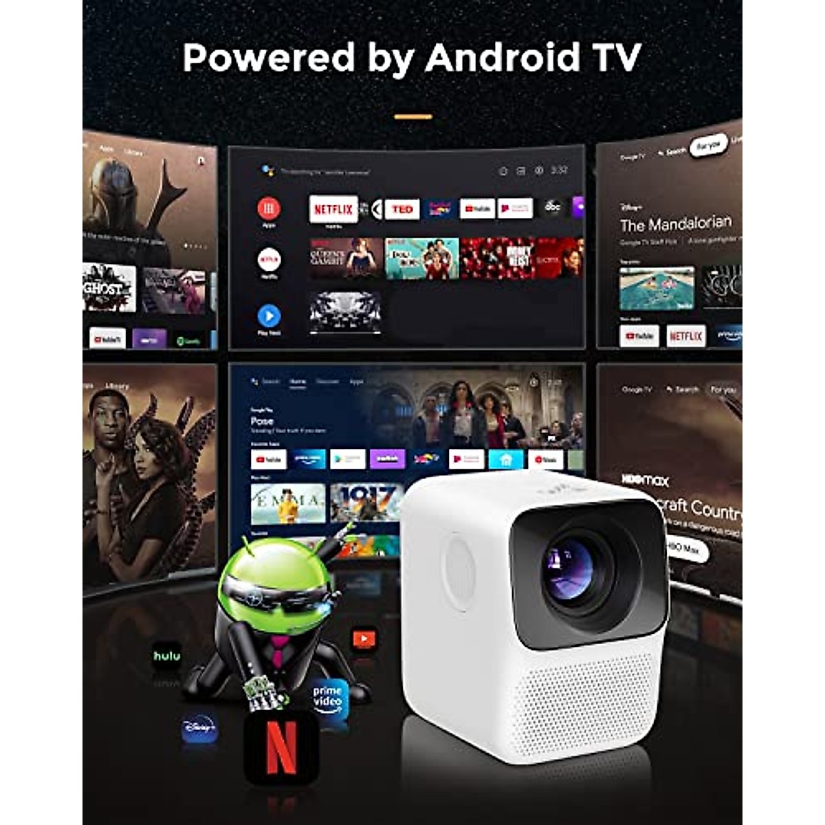 POKITTER Orca Mini Portable Projector with WiFi and Bluetooth, Android TV 9.0 with 5000+ Apps, 9000 Lumens, Native 1080P & 4K Supported, 4D Keystone Correction, 6W Speaker, 120" Image, HDR 10, T2 Max