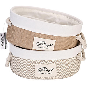 Sea Team 2-Pack Small Jute and Canvas Storage Baskets with Cotton Rope Handles - Ideal for Toiletries, Toys, Sundries, Desk Gadgets