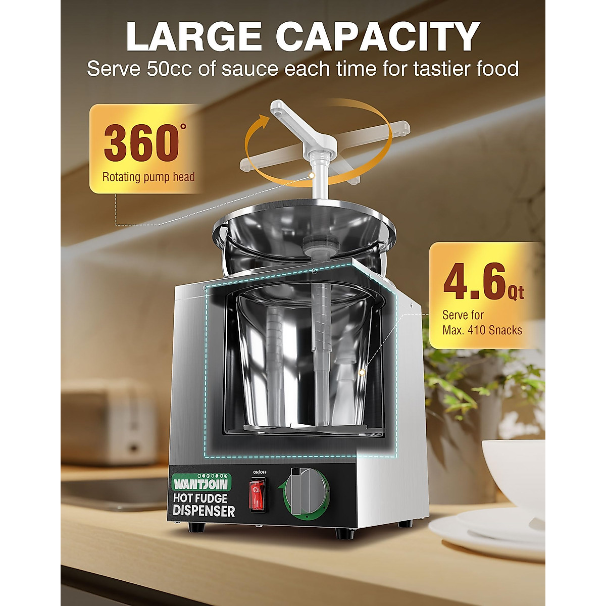 WantJoin Nacho Cheese Dispenser with Pump,4.6Qt Nacho Cheese Warmer,Stainless Steel Hot Fudge Warmer W/5-Level Temperature Adjustment,Hot Fudge Dispenser for Hot Fudge Cheese Caramel