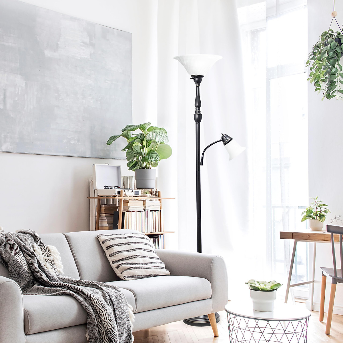 Elegant Designs LF2003-RBZ 2 Light Mother Daughter Floor Lamp with White Marble Glass,Restoration Bronze