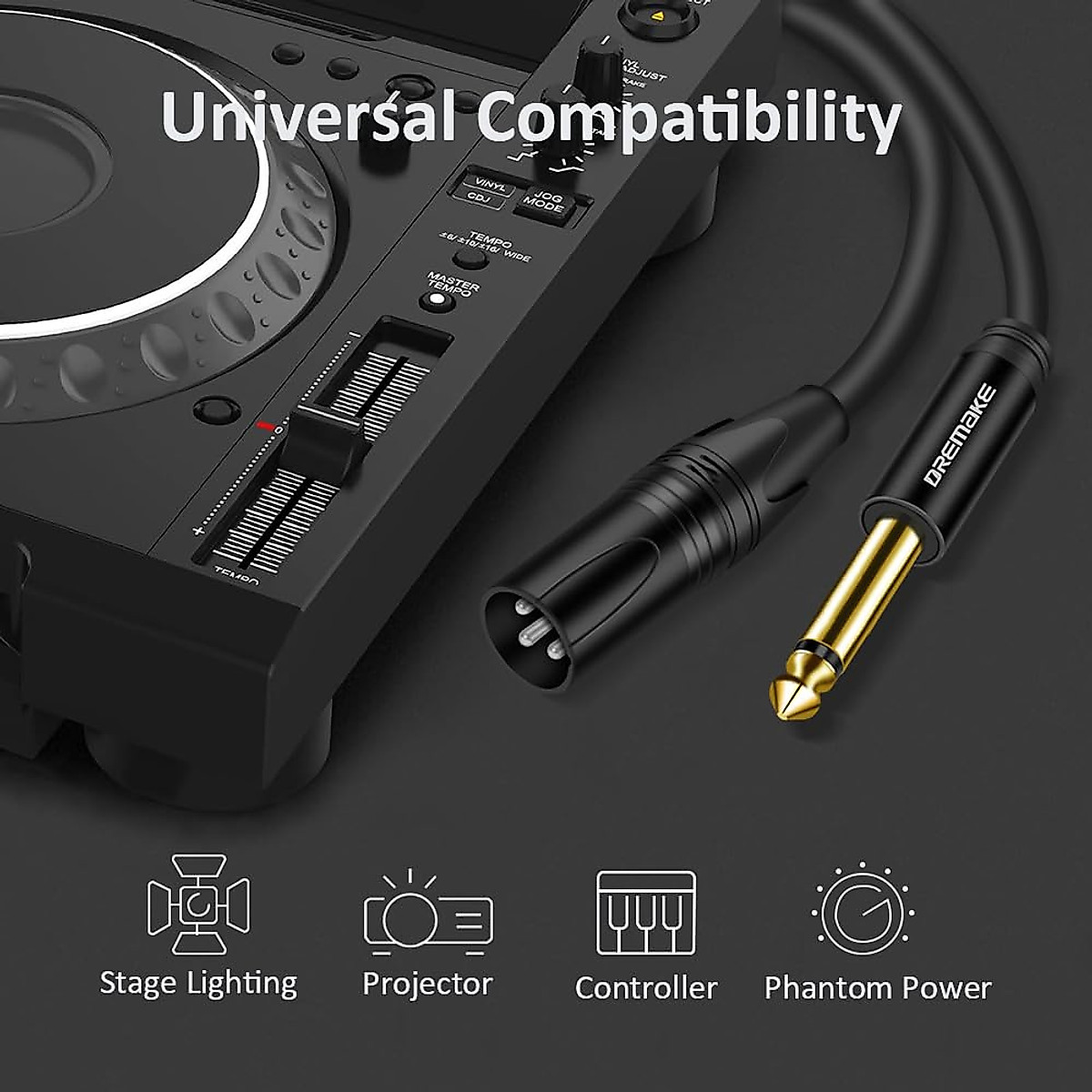 DREMAKE 3-Pin XLR Male to TS 1/4 (6.35mm) Mono Jack Male Unbalanced Microphone Interconnect Cable, Quarter Inch to XLR Mic Audio Cord for Mixing Boards, Studio Harmonizers - Black/3 Feet