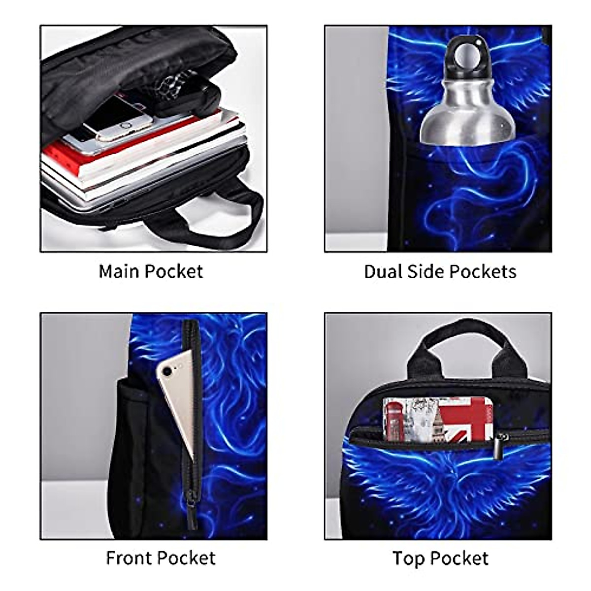 Blue Fire Flame Phoenix Bird Black Art Backpack Durable Polyester Multipurpose Anti-Theft Shoulder Bag Big Capacity Gym Outdoor Hiking Backpack With Padded Straps