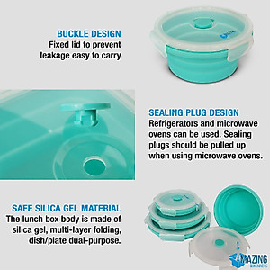 AMAZING CONTAINERS Set of 4 Silicone Collapsible Food Storage Container with Airtight Lid|Foldable Stackable Space-saving containers for Kitchen|Microwave Dishwasher and Freezer Safe