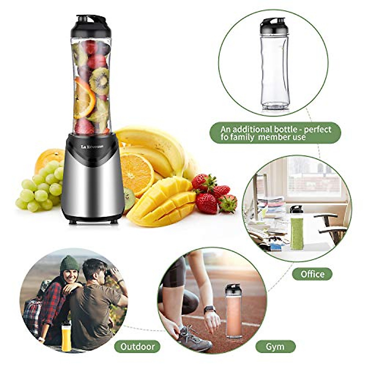 Smoothies Blender Personal Size 300 Watts with 2 Pieces 18 oz BPA Free Portable Travel Sports Bottles (Silver 2 Cups)