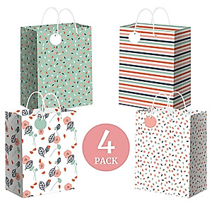 Cute Assorted Birthday Gift Bags - Set of 4 - 10" Medium Size Gift Bags With Handles & Name Tags - Floral, Striped, and Confetti Everyday Gift Bags - Pink & Green Gift Bags For Women. Perfect for Easter, Mothers Day, Birthdays, Baby Showers, Bridal Shower