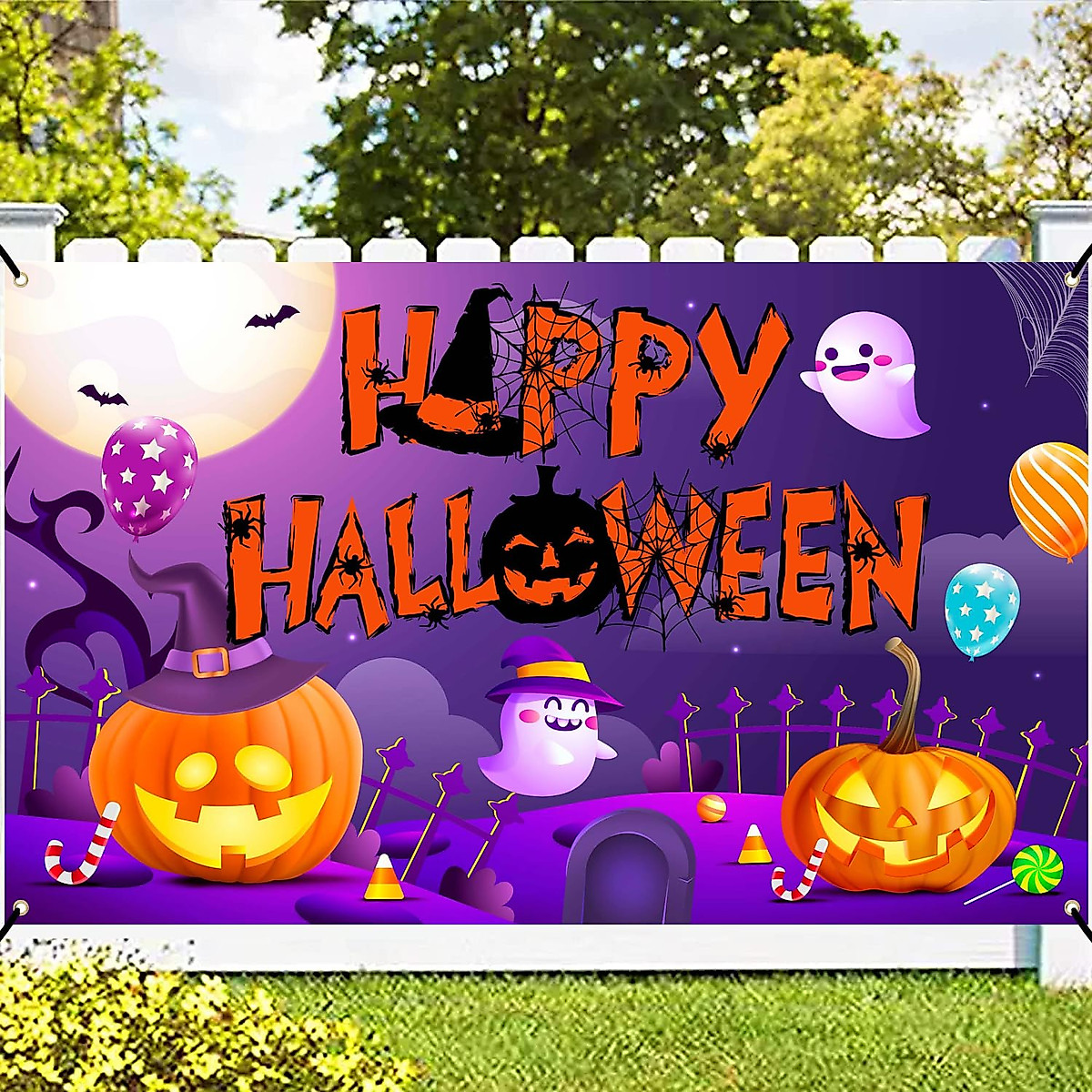 Large Happy Halloween Banner Backdrop 72x44 Inch, Spooky Pumpkin Happy Halloween Banner for Purple Halloween Party Decorations, Halloween Pumpkin Banner Photo Booth Background