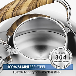 Chefbar Tea Kettle Stovetop, Whistling Tea Kettles for Stove Top, Teakettle Tea Pots for Stovetop, Food Grade Stainless Steel Teapot Kettle with Wood Pattern Handle for Home Kitchen, 2.5 Liter Silver