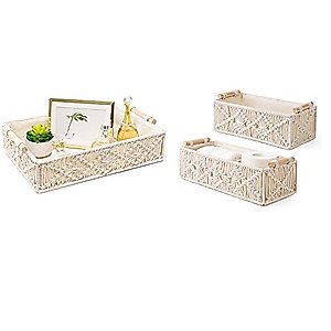 Mkono Macrame 2 pack Macrame Storage Baskets and Decorative Tray Boho Home Decor Basket for Bedroom Nursery Livingroom Dorm