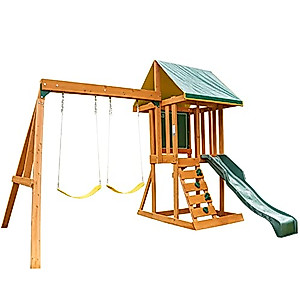 KidKraft Appleton Wooden Swing Set/Playset with Swings, Slide, Rock Wall, Chalkwall, Clubhouse and Sandbox, Ages 3-10, Amazon Exclusive Multicolor
