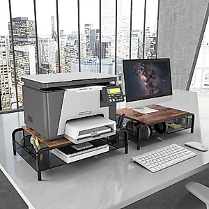Trwcrt Metal Desk Monitor Stand Riser with Organizer Drawer, Rustic Monitor Riser for Computer, Small Printer, Laptop, Black and Brown