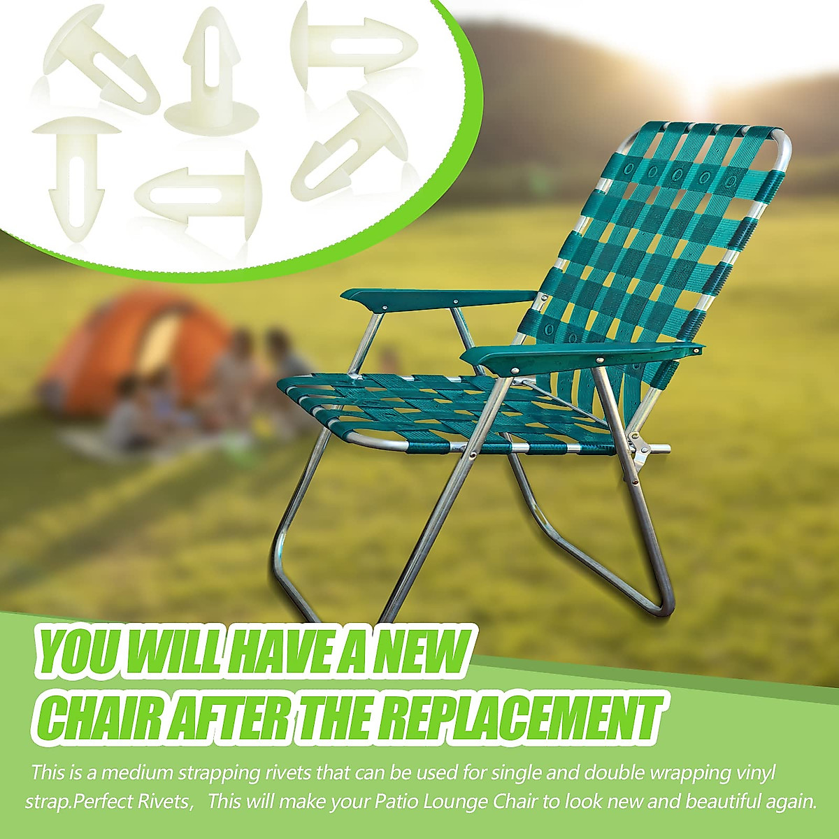 100 Pcs Strapping Rivets 15/64 Inch Hole Patio Strapping Fasteners for Patio Furniture Repair Webbing Lawn Chair Lounge Accessories, 0.66 x 0.48 Inch (White)