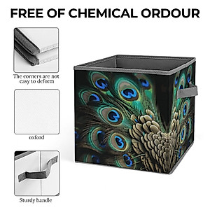 Peacock Feather Printing Storage Basket Folding Storage Bins Fabric Cube Organizer With Handle For Closet Utility Room