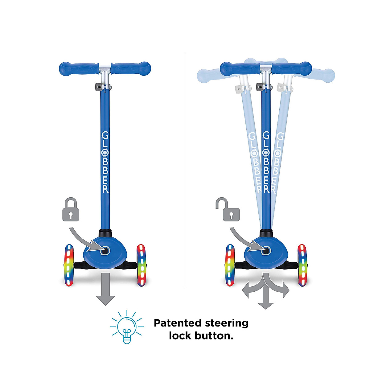 Globber Primo Lights V2 423-100-2 Navy Blue Kick Scooter, Adjustable 3-Height T-Bar, Robust Composite Deck, Comfortable Ergonomic Grips, Durable Brake, LED Light Up Wheels