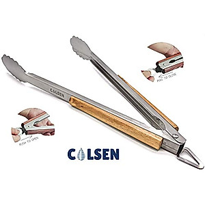 COLSEN Heavy Duty 3-Piece BBQ Grilling Tool Set, Stainless Steel Tongs, Spatula, & Fork, Kitchen Utensils Set, Camping Accessories, Brown