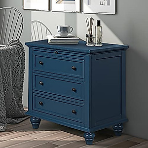 Knocbel 3-Drawer Nightstand with Pull-Out Tray, Wooden Bedside Night Stand Sofa Side End Table with Legs, 110lbs Weight Capacity, 28.1" H x 28" W x 16.9" D (Blue)
