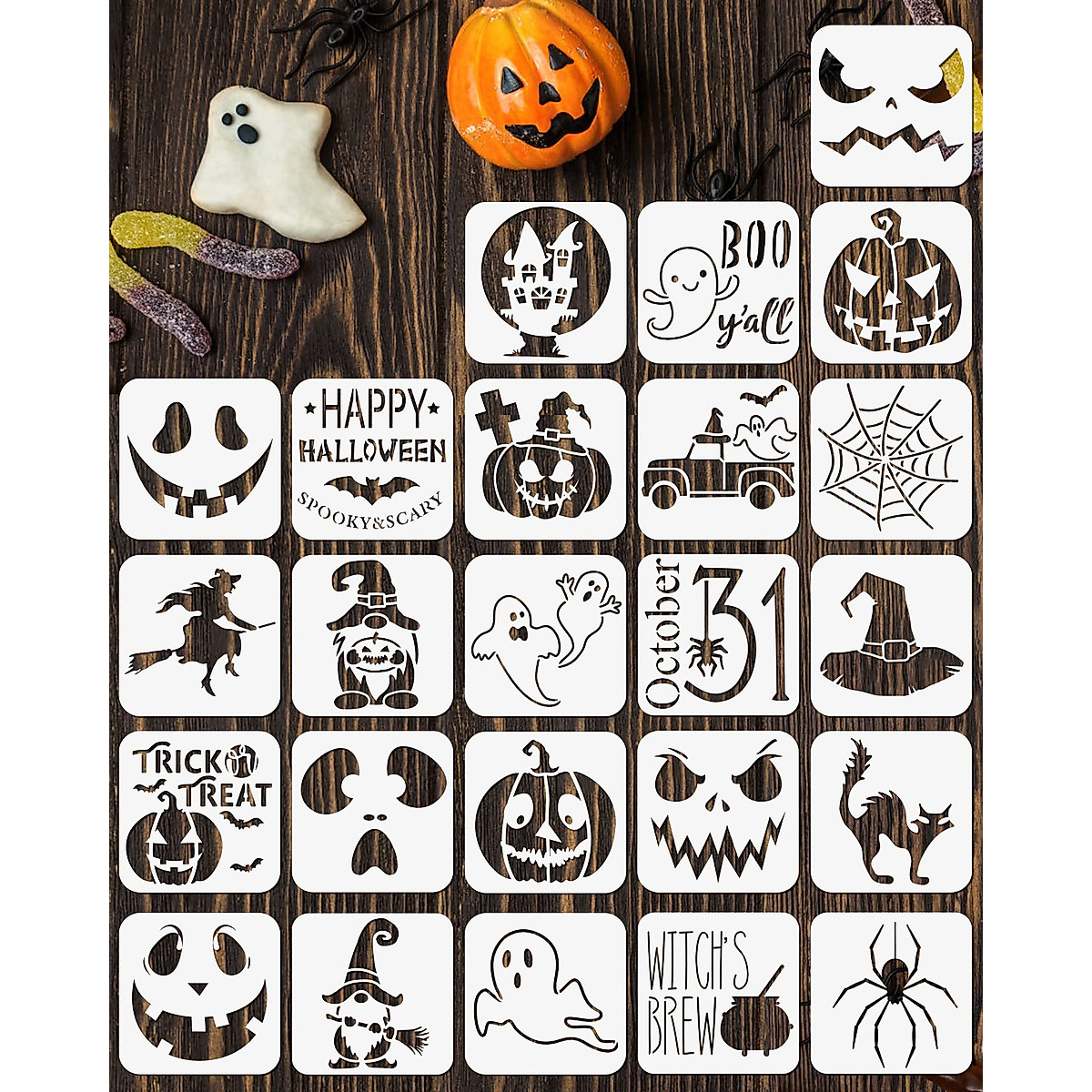 RINOLY 24 PCS Small Halloween Stencils for Painting on Wood, 3x3 inch Halloween Pumpkin Stencils Reusable for DIY Ornaments Halloween Decoration