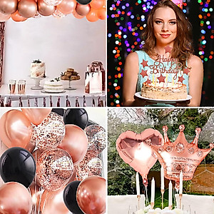 Rose Gold and Black Birthday Party Decorations with Happy Birthday Banner for Women Girls, Decor Set for Her, 16th 18th 21th 30th 40th 50th 60th 70th Supplies Balloons