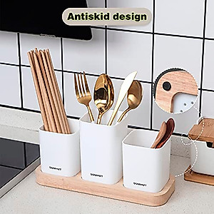 Jaugufiy Cutlery Drying Rack Holder Utensil Drying Rack Basket, Cutlery Holder with Bamboo Base for Bar Kitchen Countertop Storage, Organize Forks, Knives, Spoons