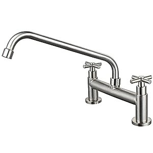 UMANYI Commercial Kitchen Faucet 8 Inch Center Stainless Steel Brushed Nickel Deck Mount Bridge Faucet 2 Hole 2 Handle Restaurant Laundry Utility Faucet, 11 Inch Spout SSKF10-3C