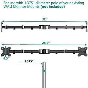 WALI Dual Monitor Arm, Fully Adjustable Pole Mount Bracket for WALI Monitor Mounting System (002ARM), Black