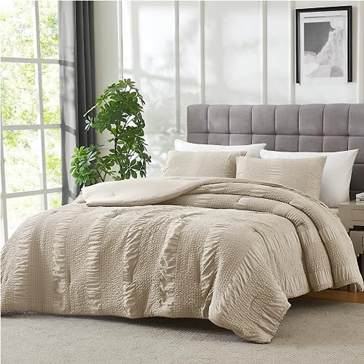 palassio Seersucker Beige King Size Comforter Set, 3 Pieces Soft Washed Microfiber Tan with 2 Pillow Cases, Cream Fluffy Down Alternative Bedding for All Season 104x90 inches