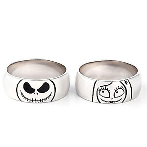 Jeulia Jack Skellington and Sally Couple Rings 925 Sterling Silver Women Men Band Set Halloween Jewelry Anniversary Promise Rings for Him and Her with Jewelry Gift Box (Women, 7)