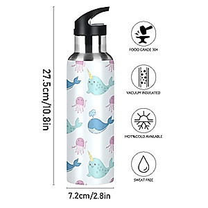 OREZI Jellyfish Whale And Narwhal Water Bottle Thermos with Straw Lid for Boys Girls,600 ml,Leakproof Stainless-Steel Sports Bottle for Women Men Teenage