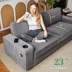 AMERLIFE Couch, 89 inch Sofa Couch- Deep Seat Sofa with 2 USB Charging Ports & 2 Cup Holders, 3 Seater Couch with Grey Corduroy, Modern Sofas for Living Room