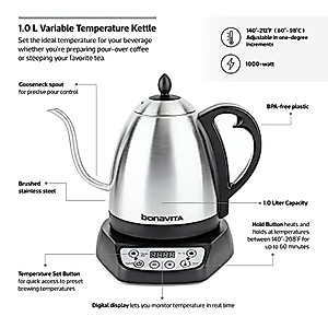 Bonavita 1L Digital Variable Temperature Gooseneck Electric Kettle for Coffee Brew and Tea Precise Pour Control, 6 Preset Temps, Café or Home Use, 1000 Watt, Stainless Steel