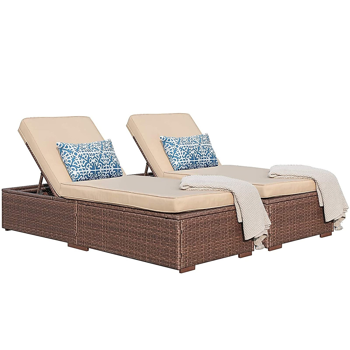 JOIVI Outdoor Patio Chaise Lounge Chairs Set of 2, PE Wicker Patio Pool Lounge Chairs Furniture Set of 2, Pool Lounger Brown Rattan Adjustable Backrest with Removable Beige Furniture Cushion