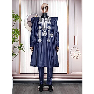 HD African Apparel Agbada Clothing Embroidery Dashiki Shirts and Pants 3 Pieces Outfits for Men Blue 3XL