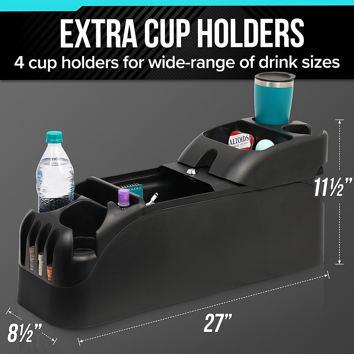 Moblorg Center Console for Minivans, SUVs, Middle Van Console, Extra Cup Holders, Large Storage, 27"L x 11.5"W x 8.5"H,Made in USA (Black)